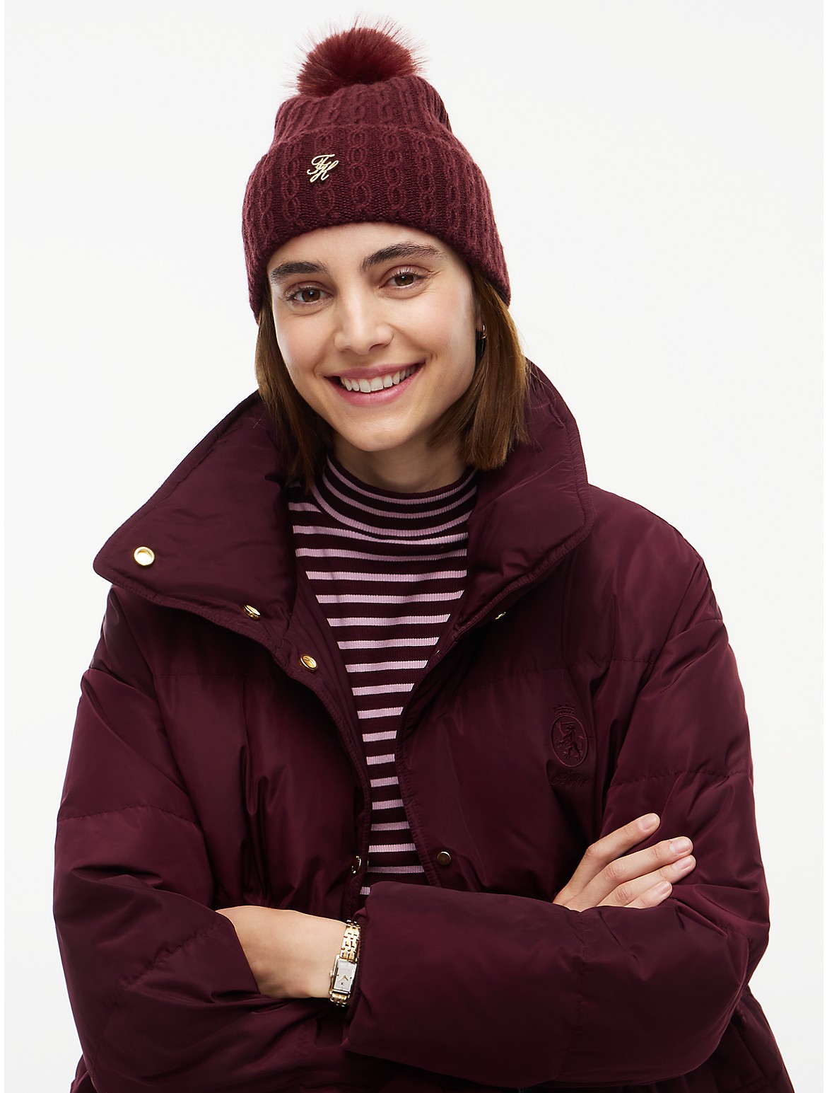 TOMMY HILFIGER women's cable knit wool-blend pom beanie